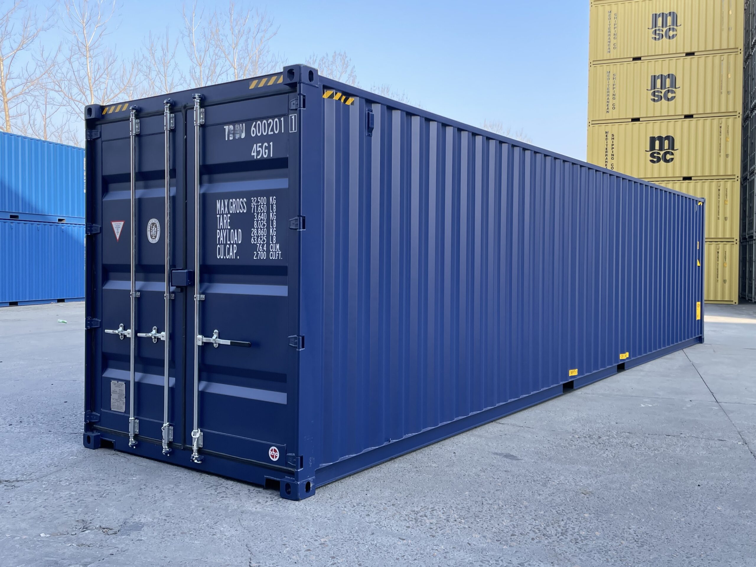 40 Fuß High Cube Container, kobaltblau / Staplertaschen - Containerbasis.de
